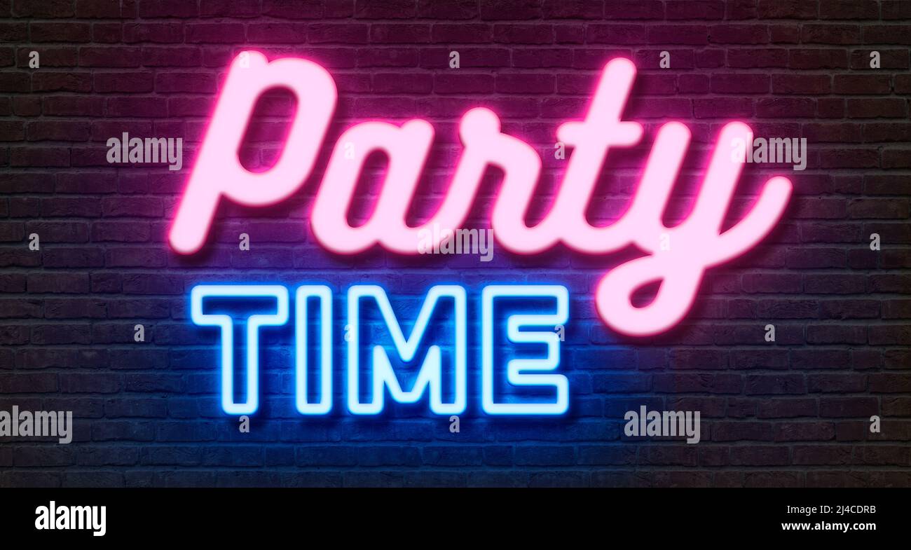 Neon sign on a brick wall - Party time Stock Photo - Alamy