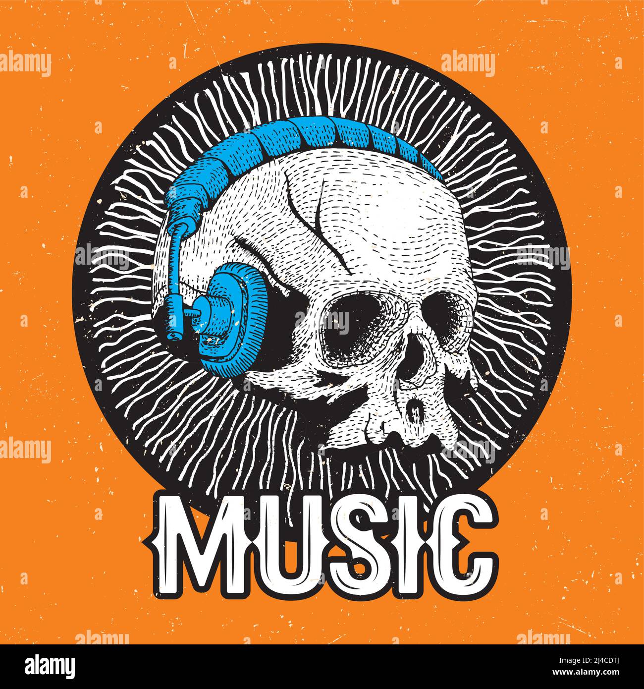 Creative Music Poster with funny skull in headphones on the orange ...