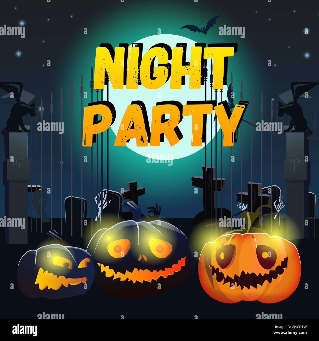 Night Party lettering with smiling pumpkins and cemetery. Invitation or ...