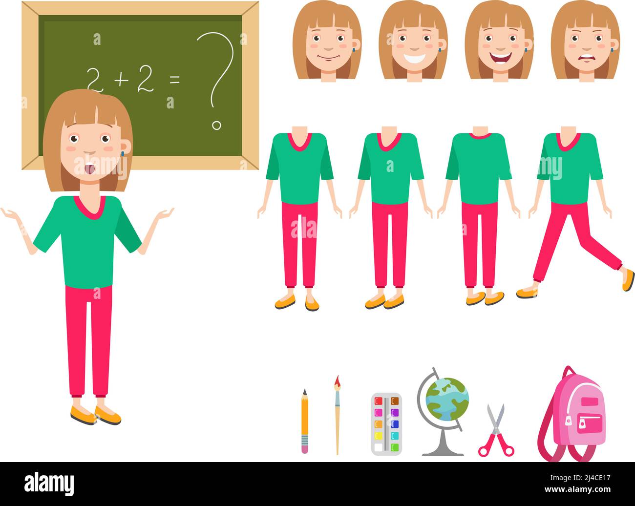 Confused schoolgirl at blackboard character set with different poses ...