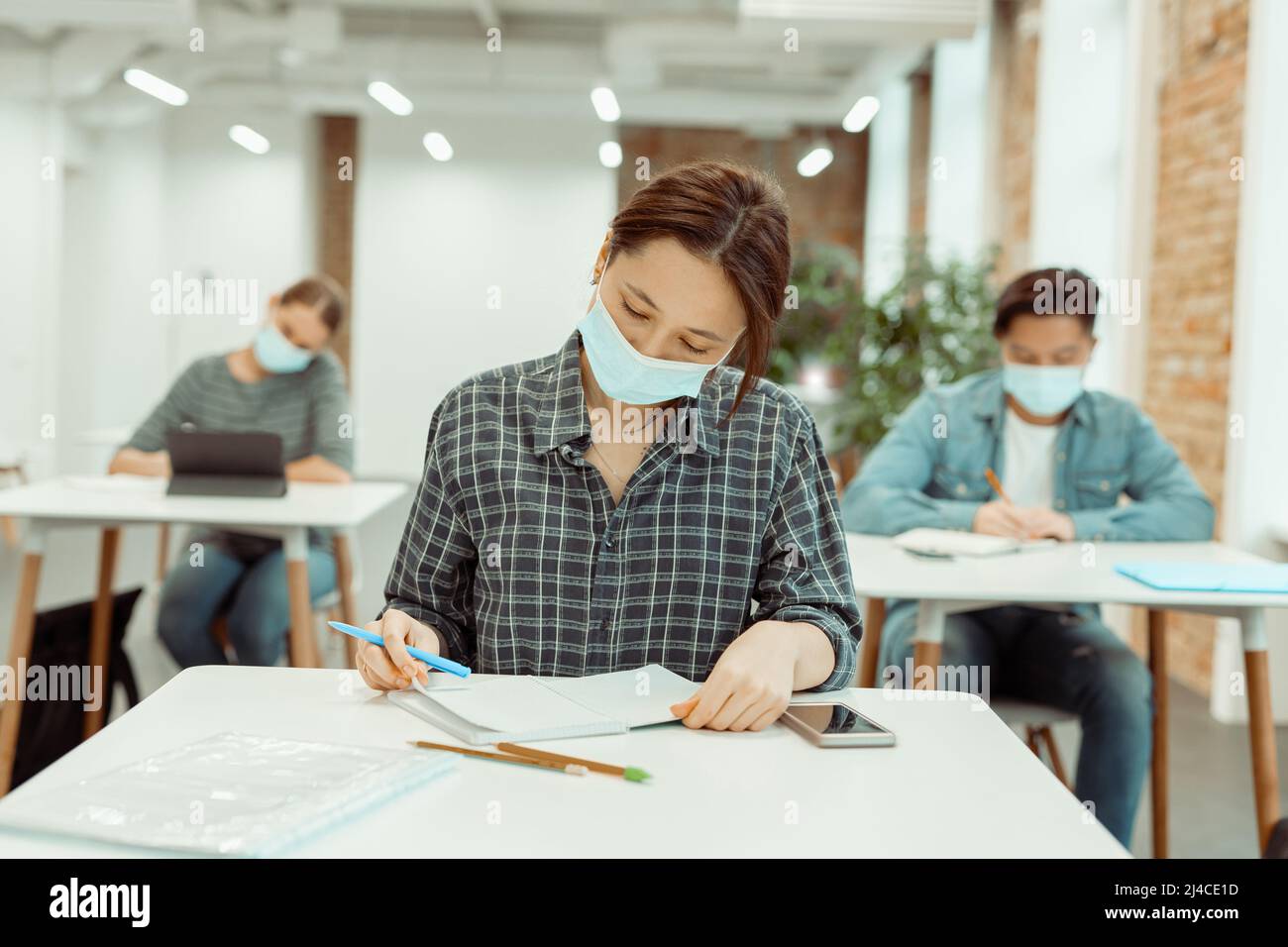 Female student attentively looking at the notebook in the lesson Stock ...