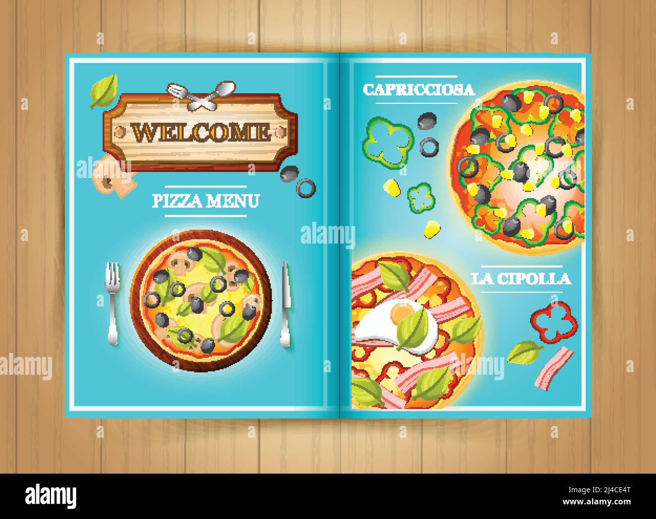 Italian restaurant pizza menu brochure with different ingredients and ...