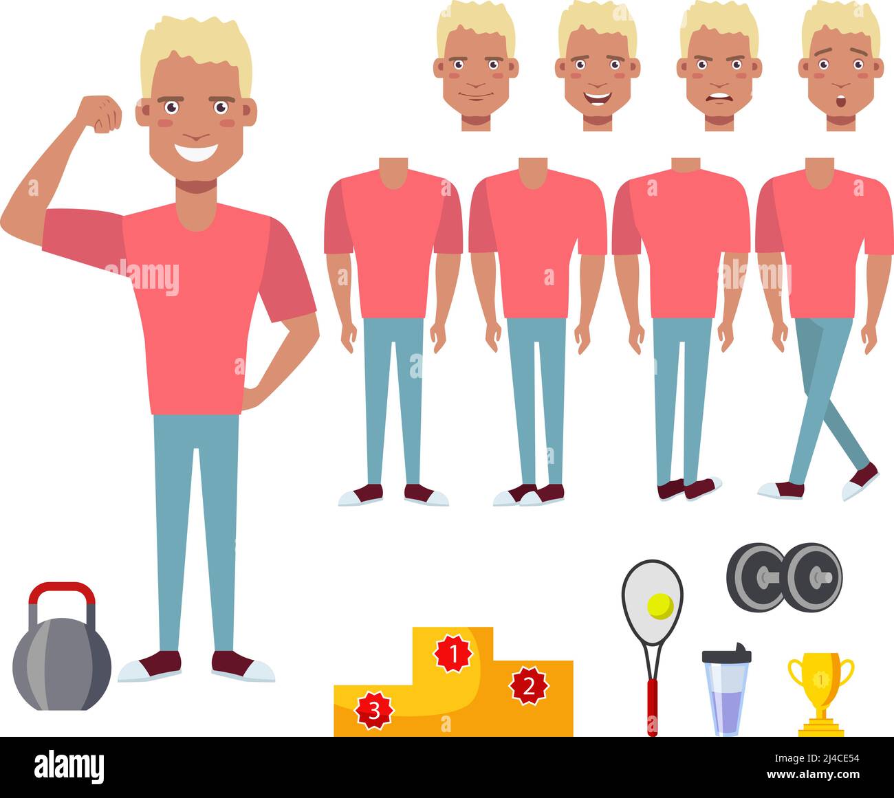 Athletic bodybuilder with dumbbell character set with different poses ...