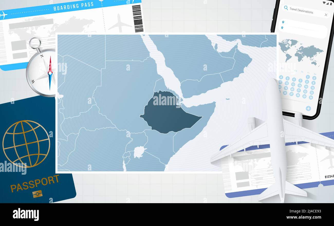 Journey to Ethiopia, illustration with a map of Ethiopia. Background ...