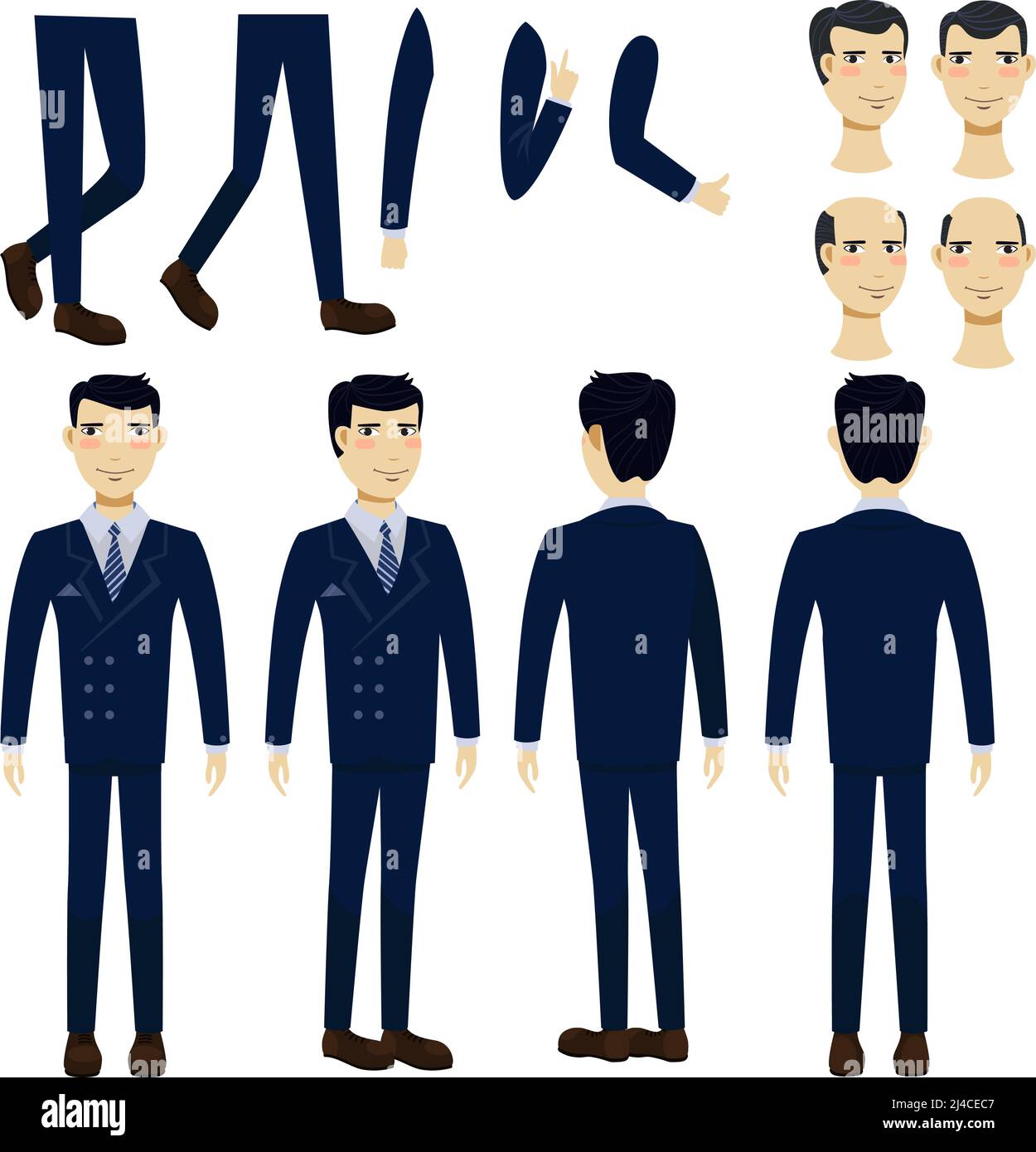 Flat icons set of Asian business man. Views, poses and hairstyles ...