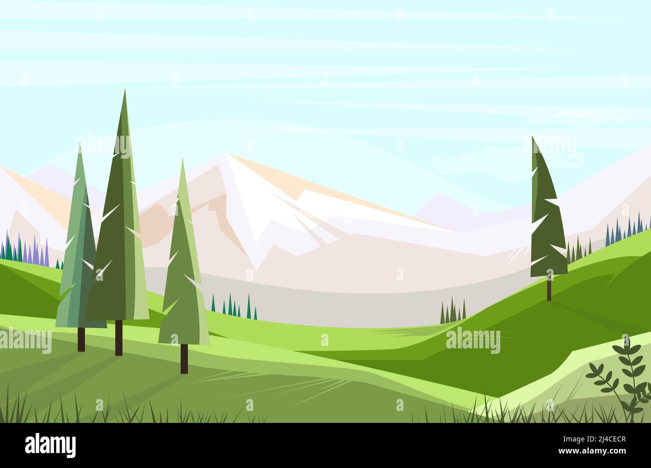 Green fields with tall trees vector illustration. Mountain range in ...