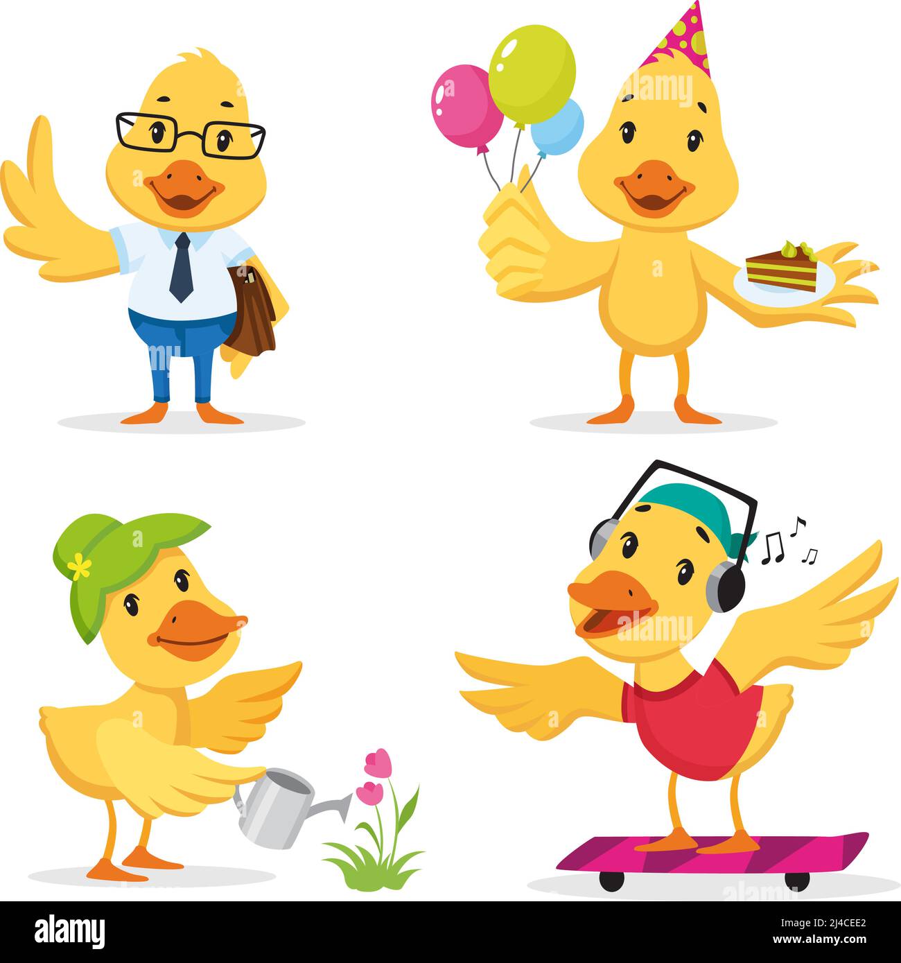 Cute duckling enjoying different actions. Cartoon character set. Going ...