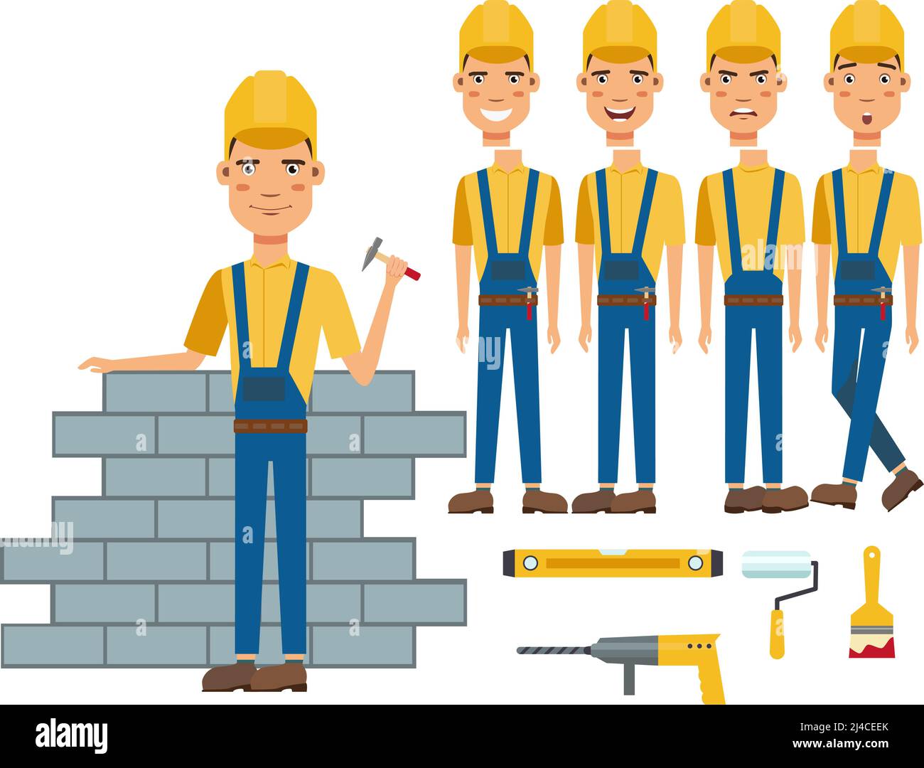 Construction worker building wall character set with different poses ...