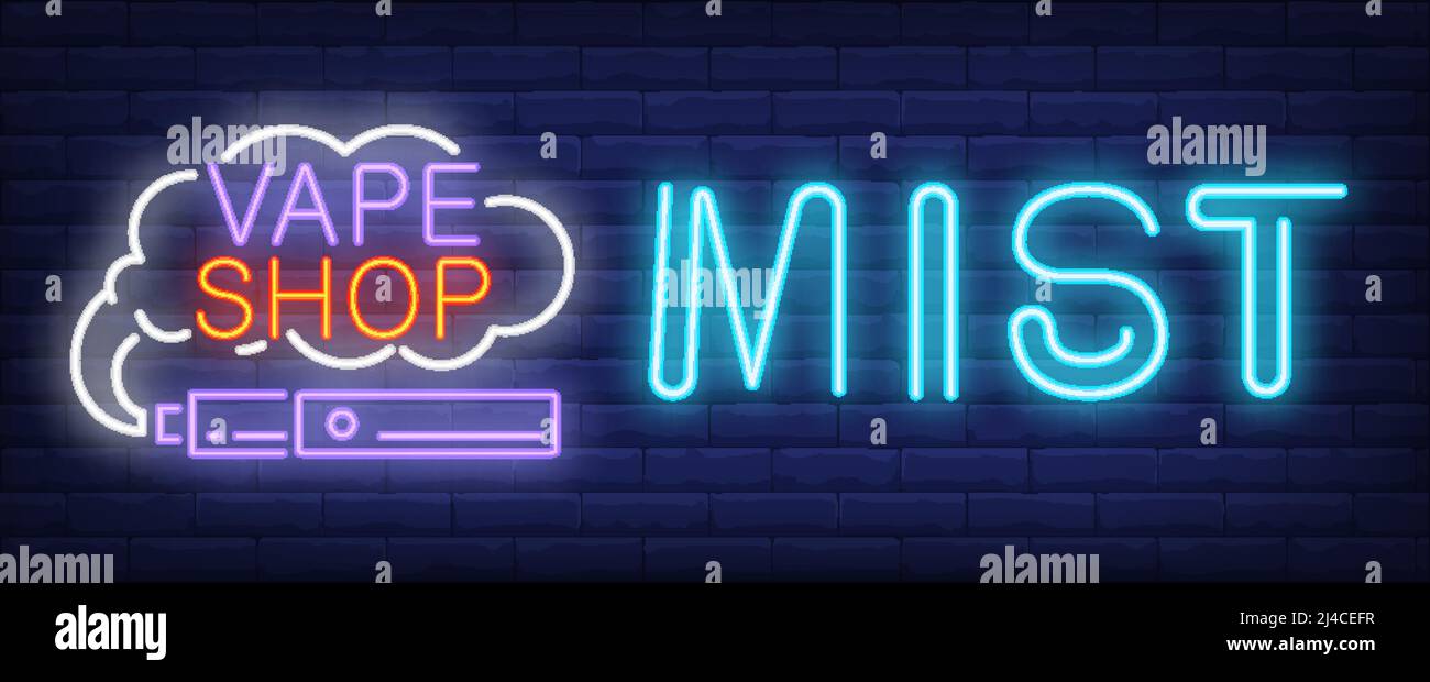 Vape shop mist neon sign. Electronic cigarette with cloud of smoke on ...