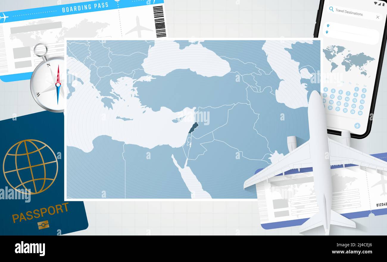 Journey to Lebanon, illustration with a map of Lebanon. Background with ...