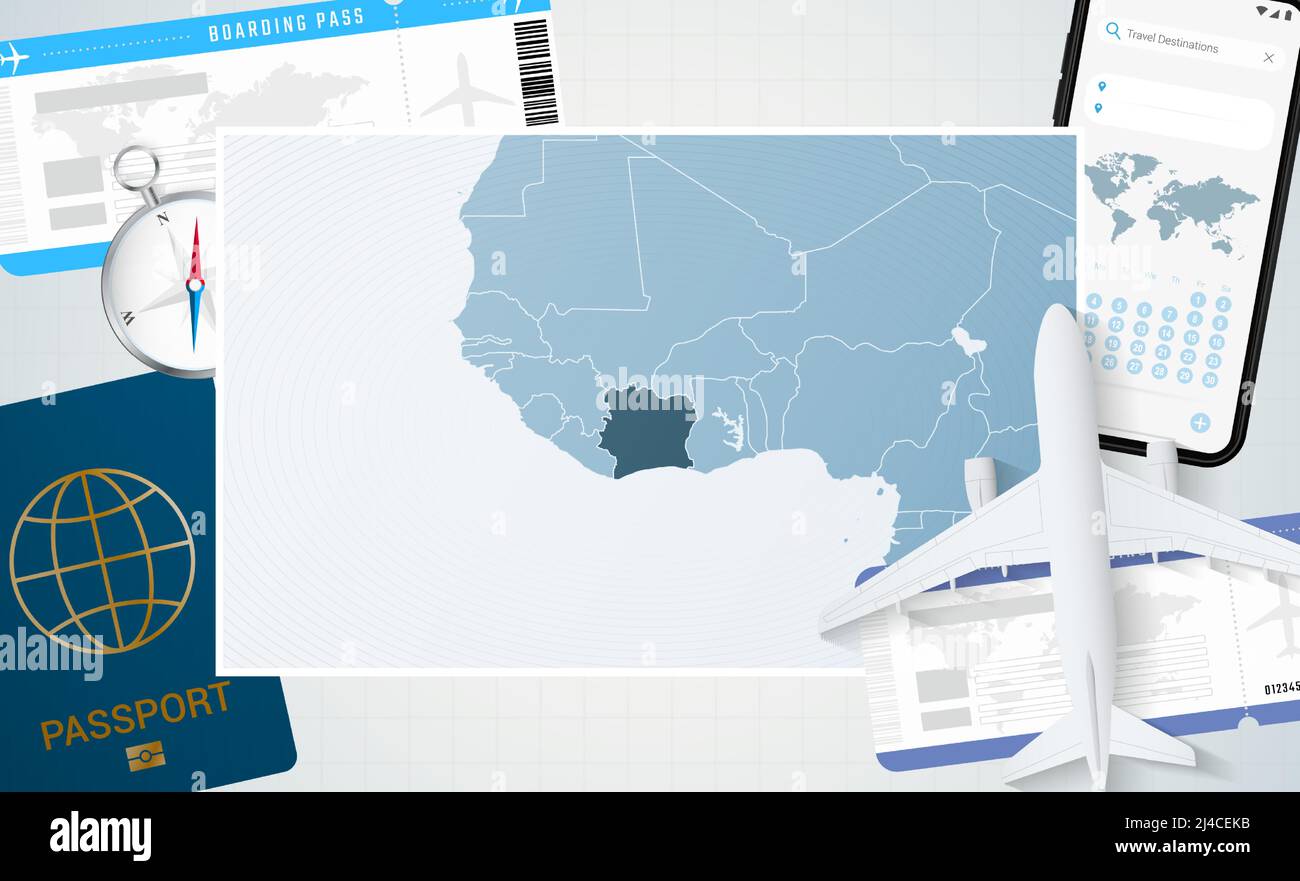 Journey to Ivory Coast, illustration with a map of Ivory Coast ...