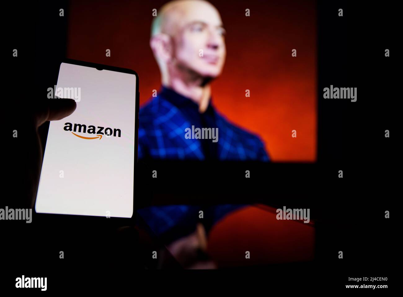 Amazon logo on screen and Jeff Bezos is a Executive Chairman of Amazon ...