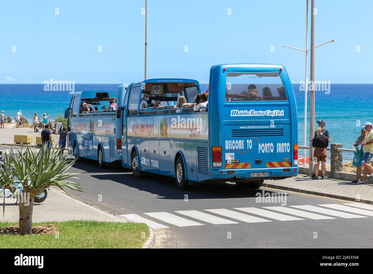 PORTO SANTO ISLAND, PORTUGAL - AUGUST 26, 2021: These are tourist buses ...