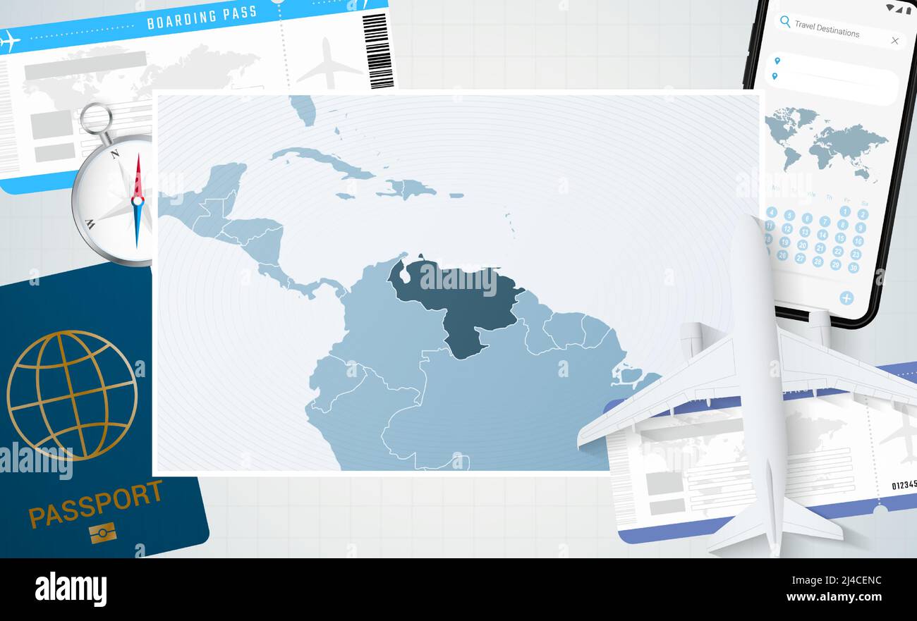 Journey to Venezuela, illustration with a map of Venezuela. Background ...