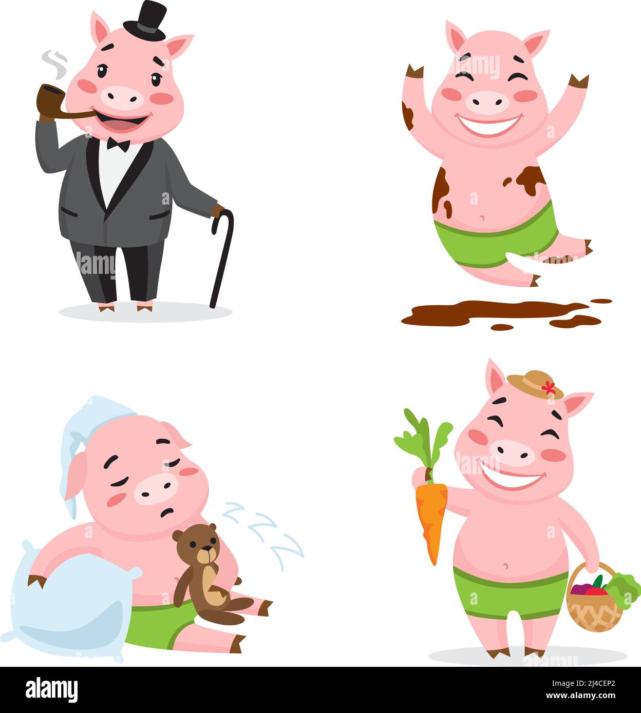 Cute pig enjoying different actions. Cartoon character set. Smoking ...