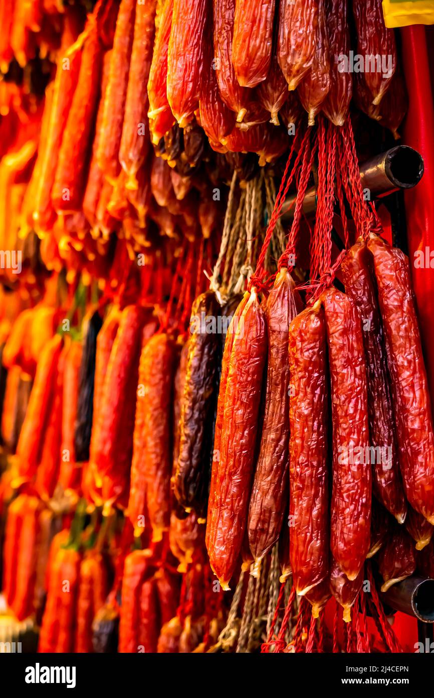 Chinese wax sausage on sale in Chinatown Street Market, Singapore Stock ...