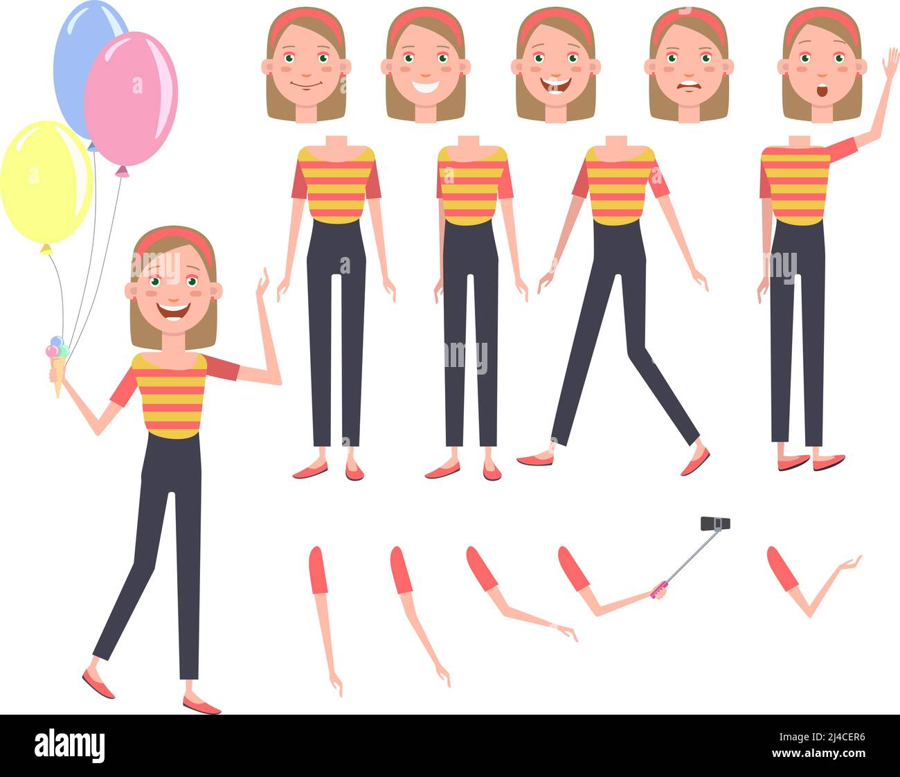 Excited pretty girl with heap of colorful balloons character set with ...