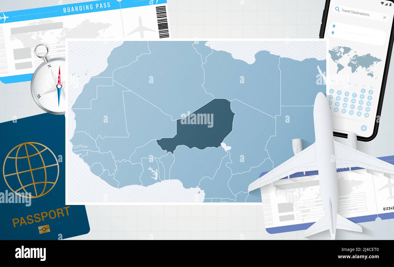 Journey to Niger, illustration with a map of Niger. Background with ...