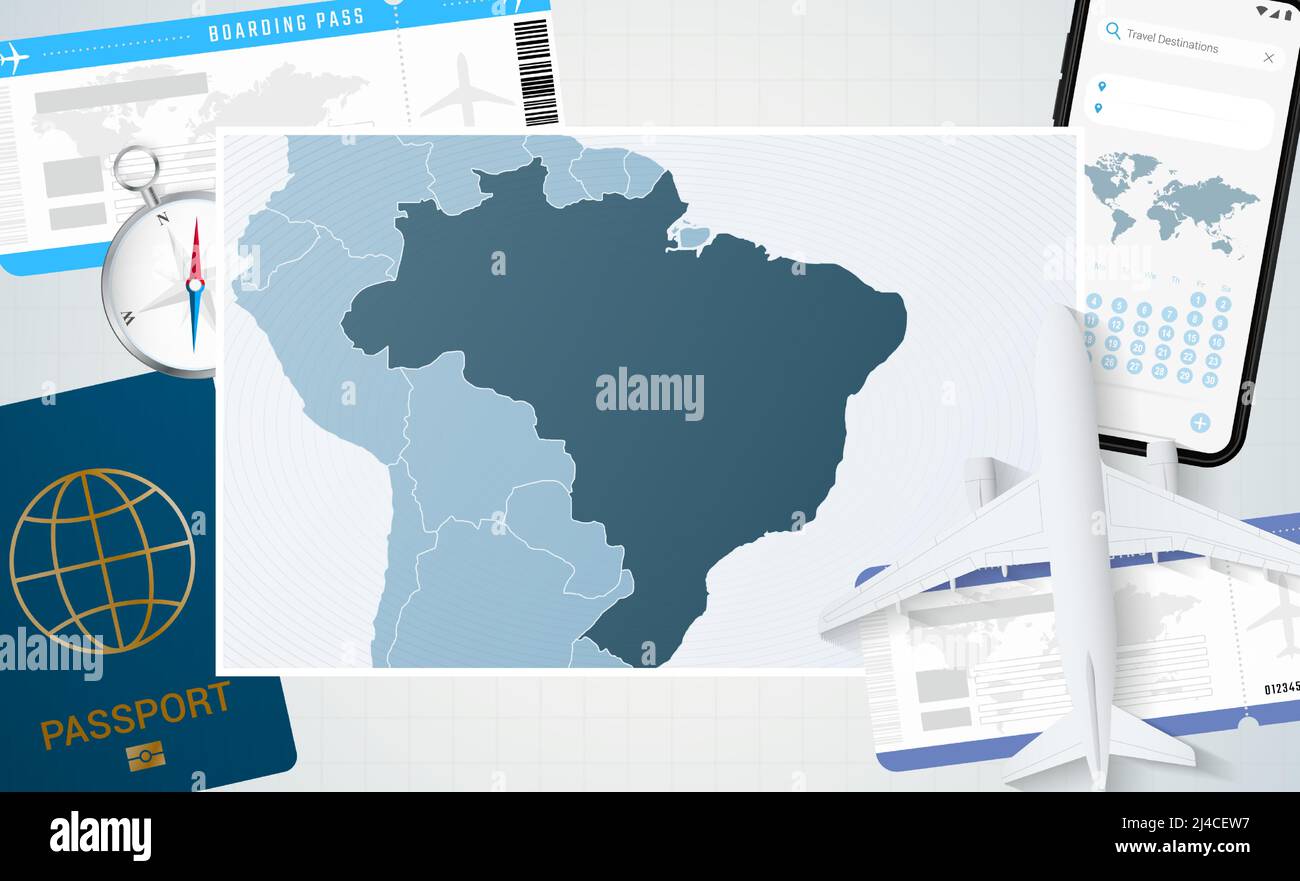 Journey to Brazil, illustration with a map of Brazil. Background with ...