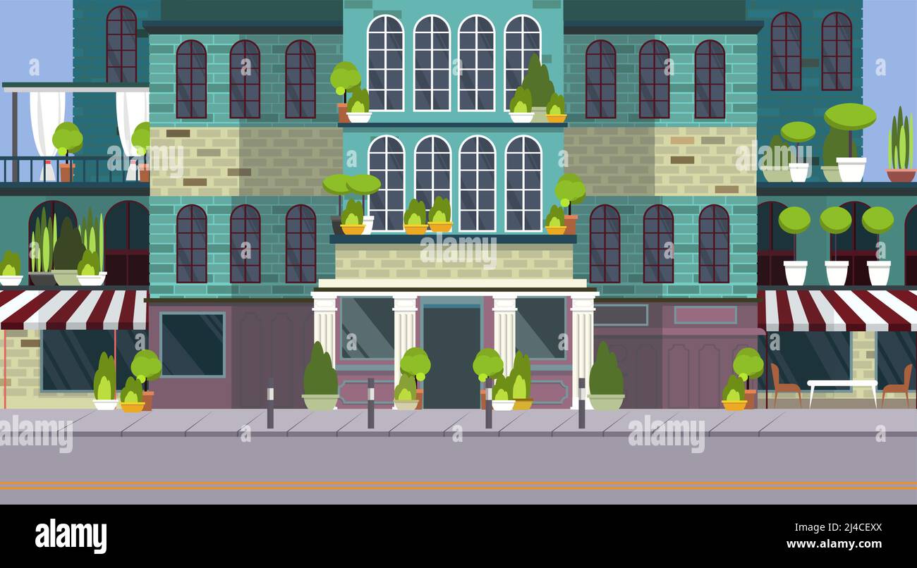 Empty city street with beautiful building and plants vector ...