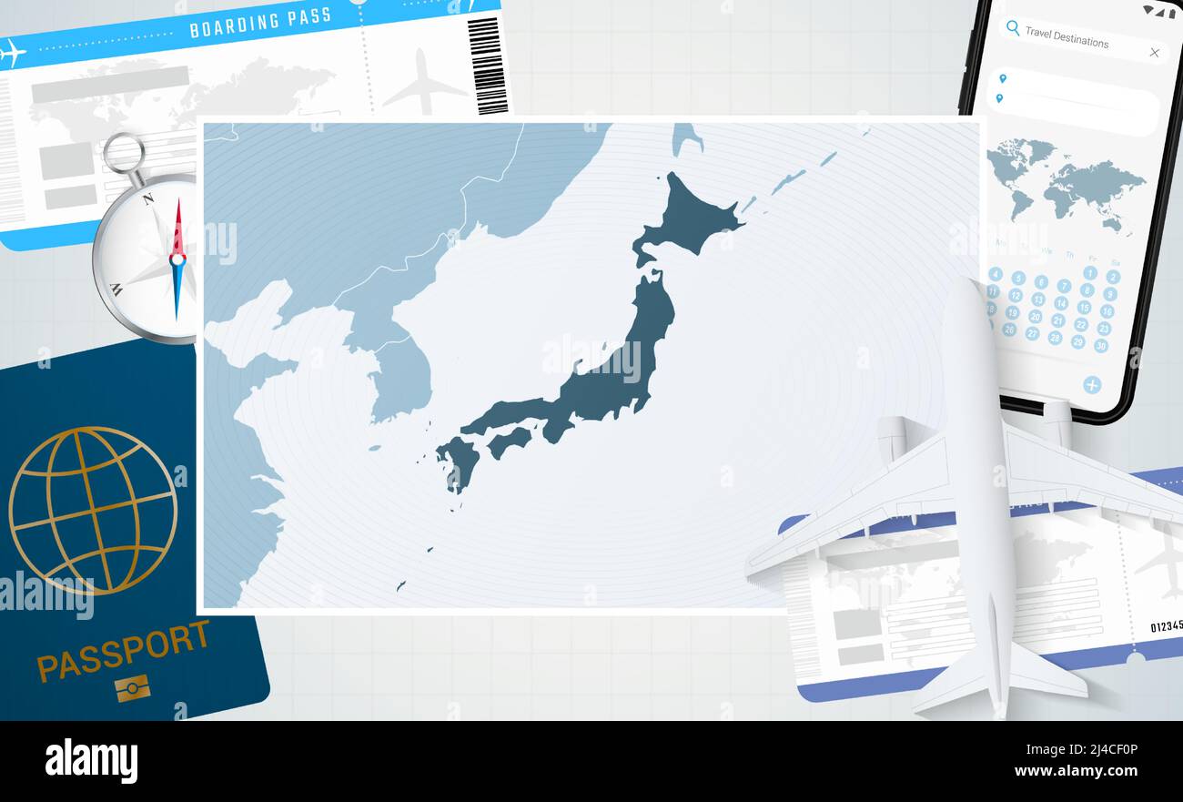 Journey to Japan, illustration with a map of Japan. Background with ...