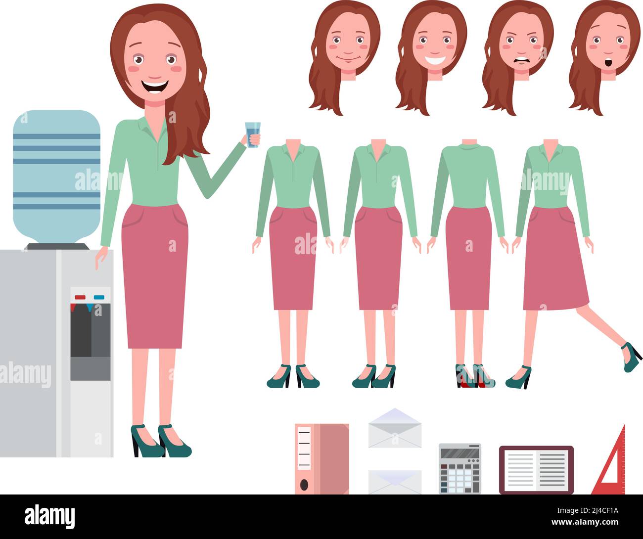 Businesswoman drinking water from cooler character set with different ...