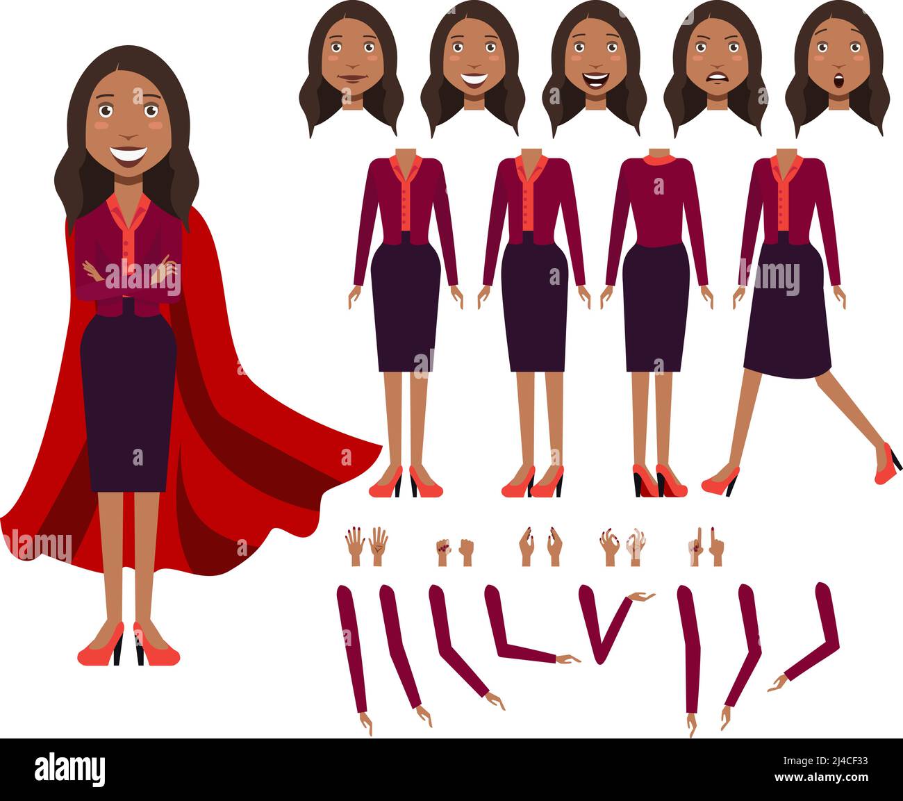 Flat icons set of Latin business woman views, poses and emotions ...