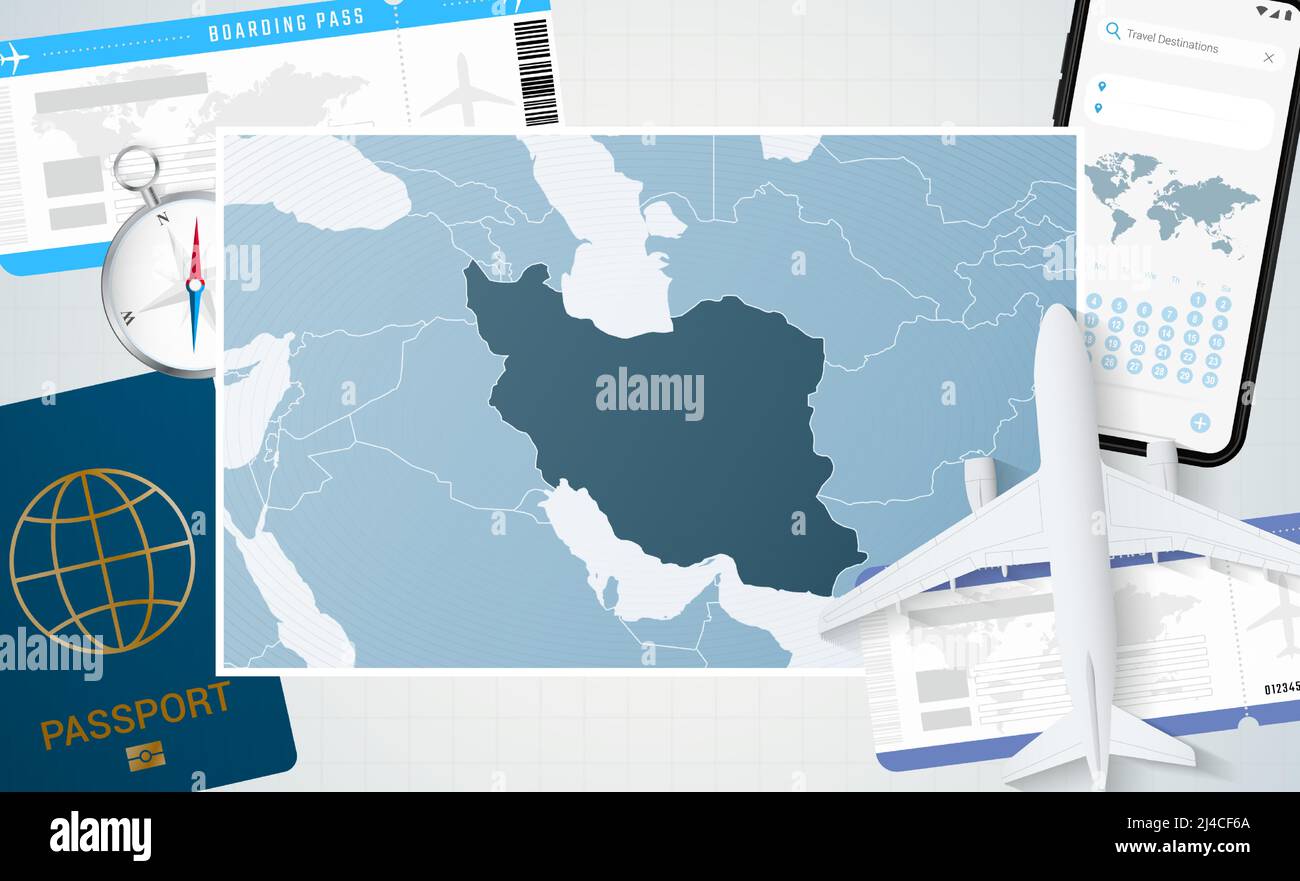 Journey to Iran, illustration with a map of Iran. Background with ...