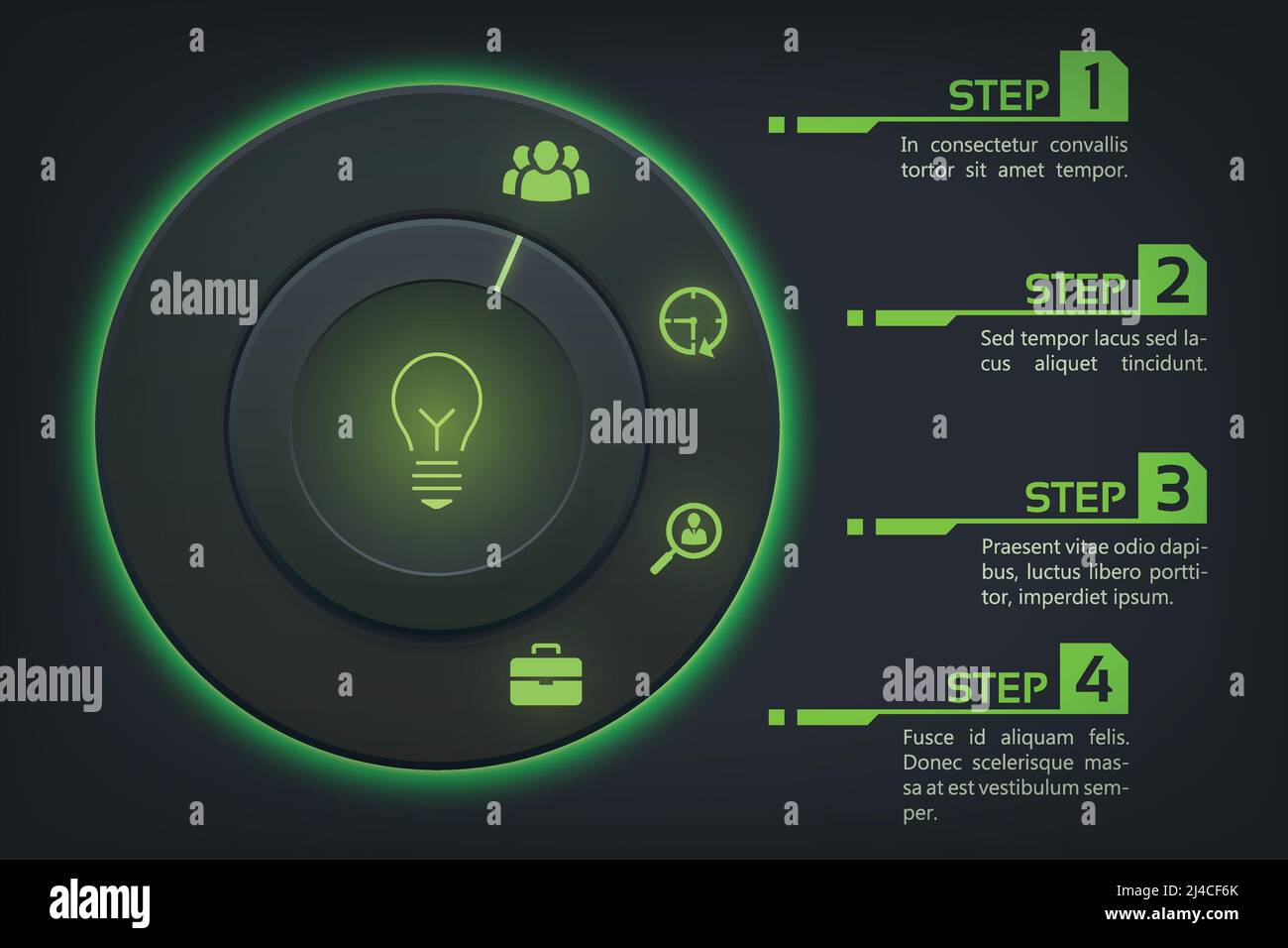 Abstract web infographic concept with round button green backlight ...