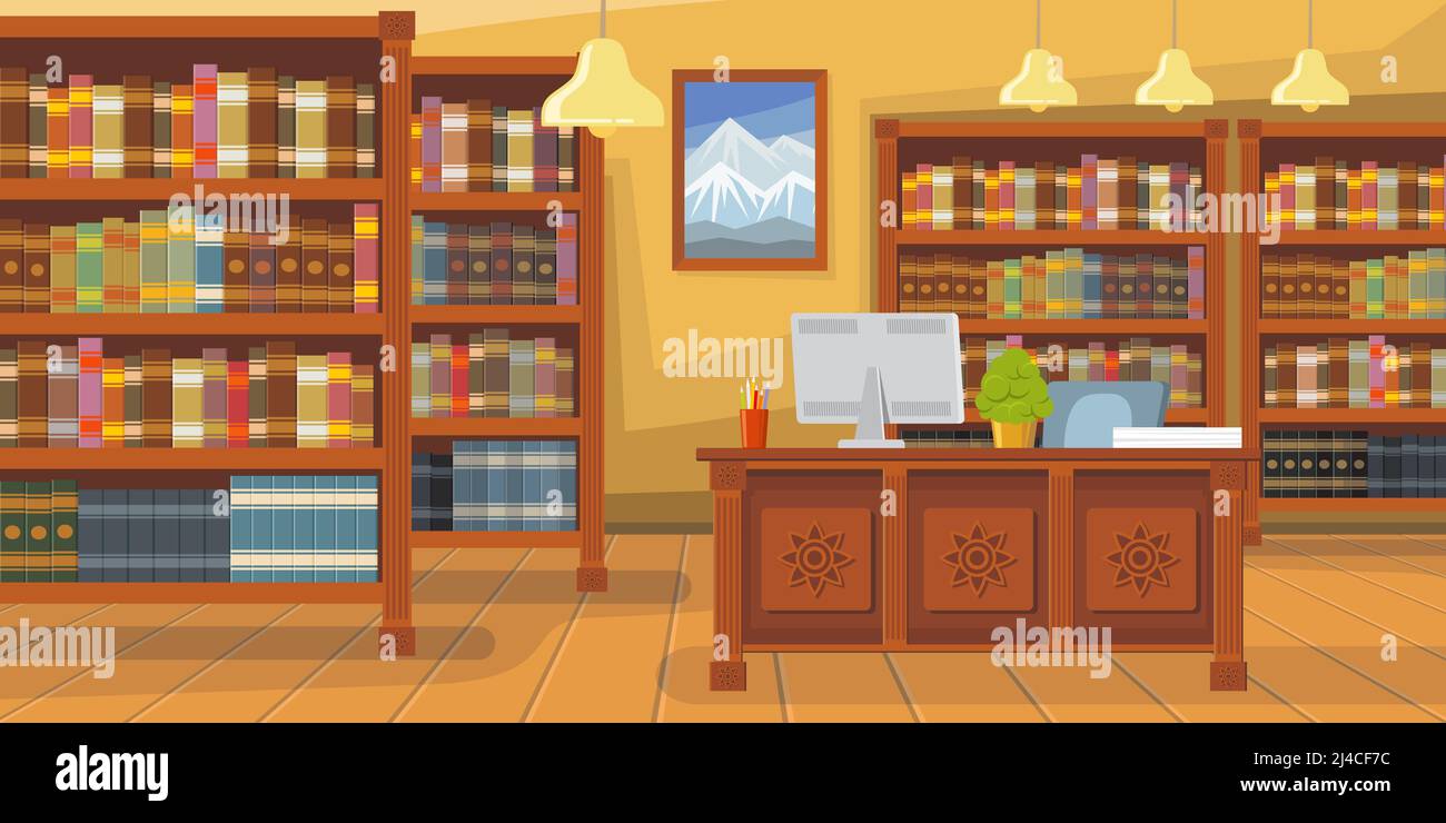 Modern library with bookshelf vector illustration. Librarians desk with ...