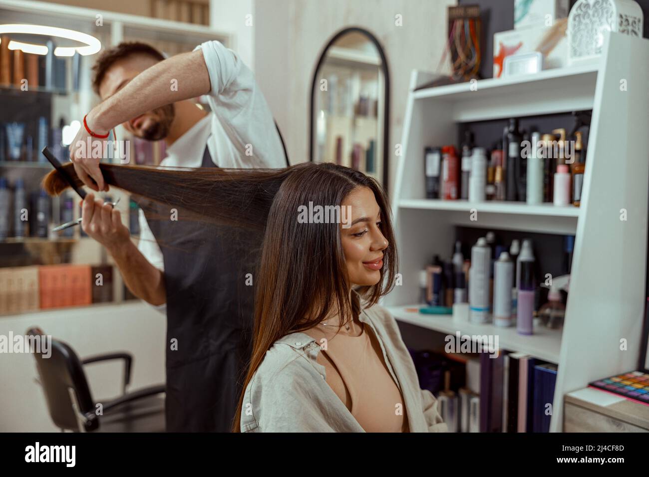Professional hairdresser holding a comb while cutting hair of woman ...