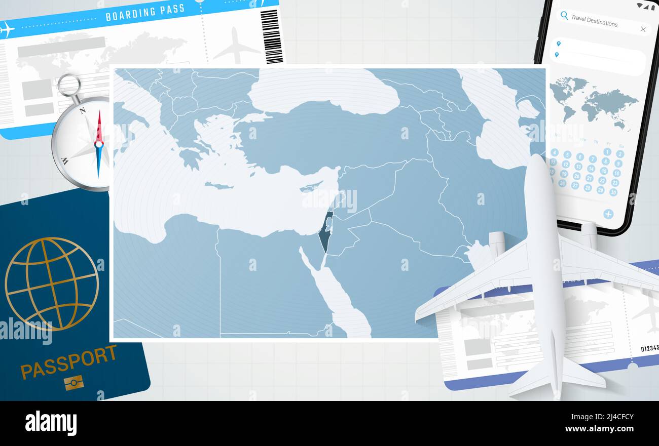 Journey to Israel, illustration with a map of Israel. Background with ...