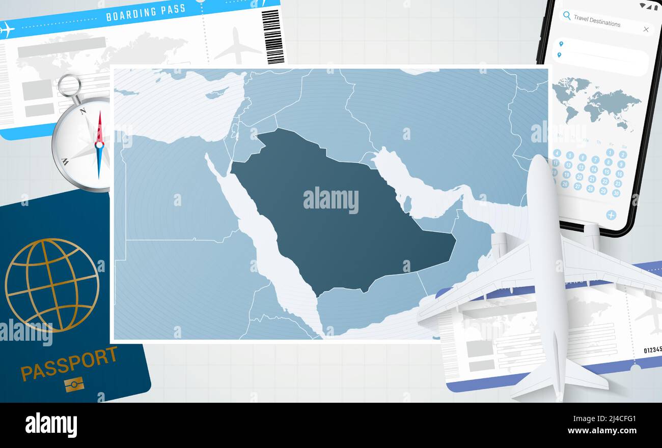 Journey to Saudi Arabia, illustration with a map of Saudi Arabia ...