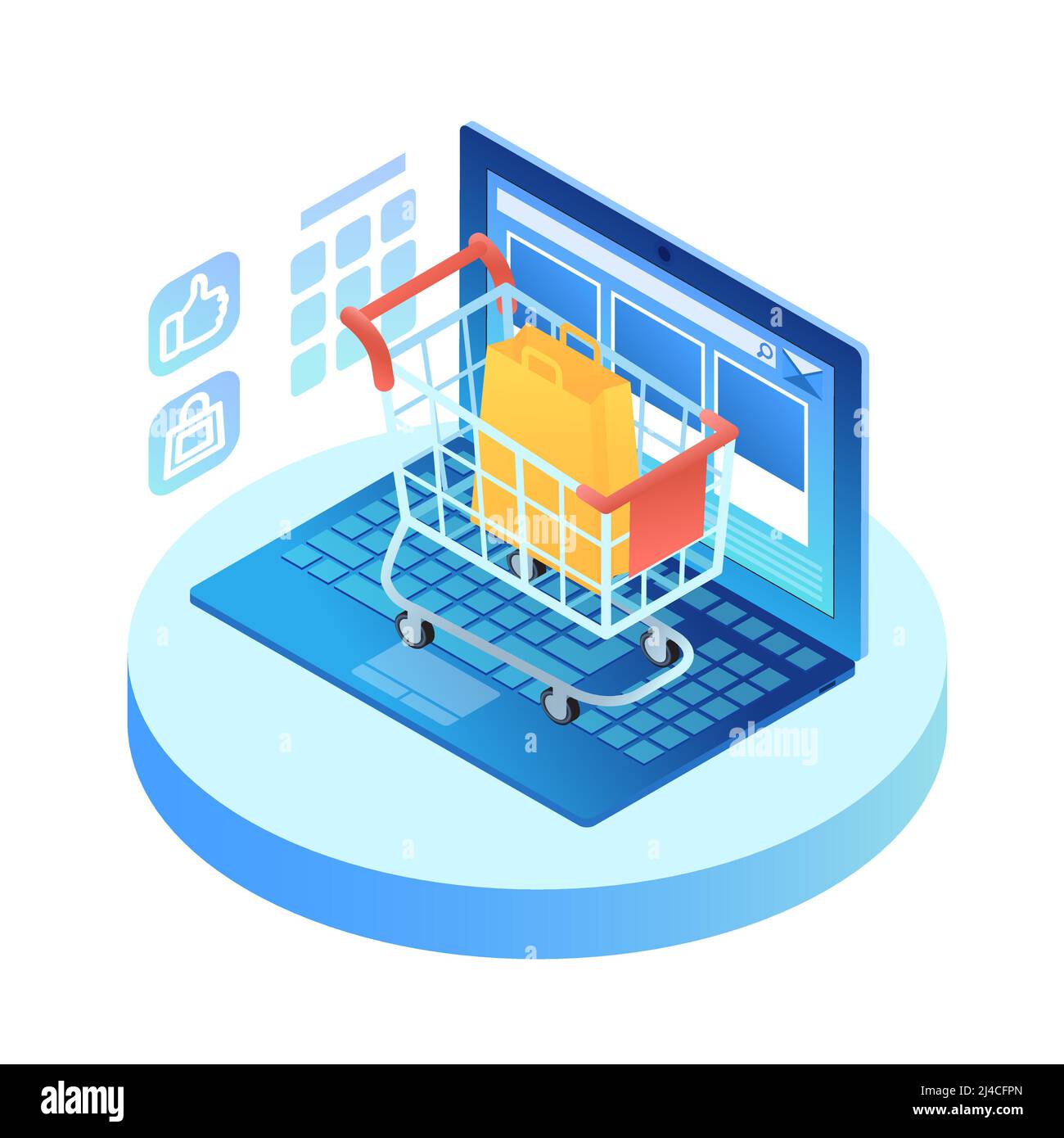 Isometric laptop with shopping cart on keypad. Open portable computer ...