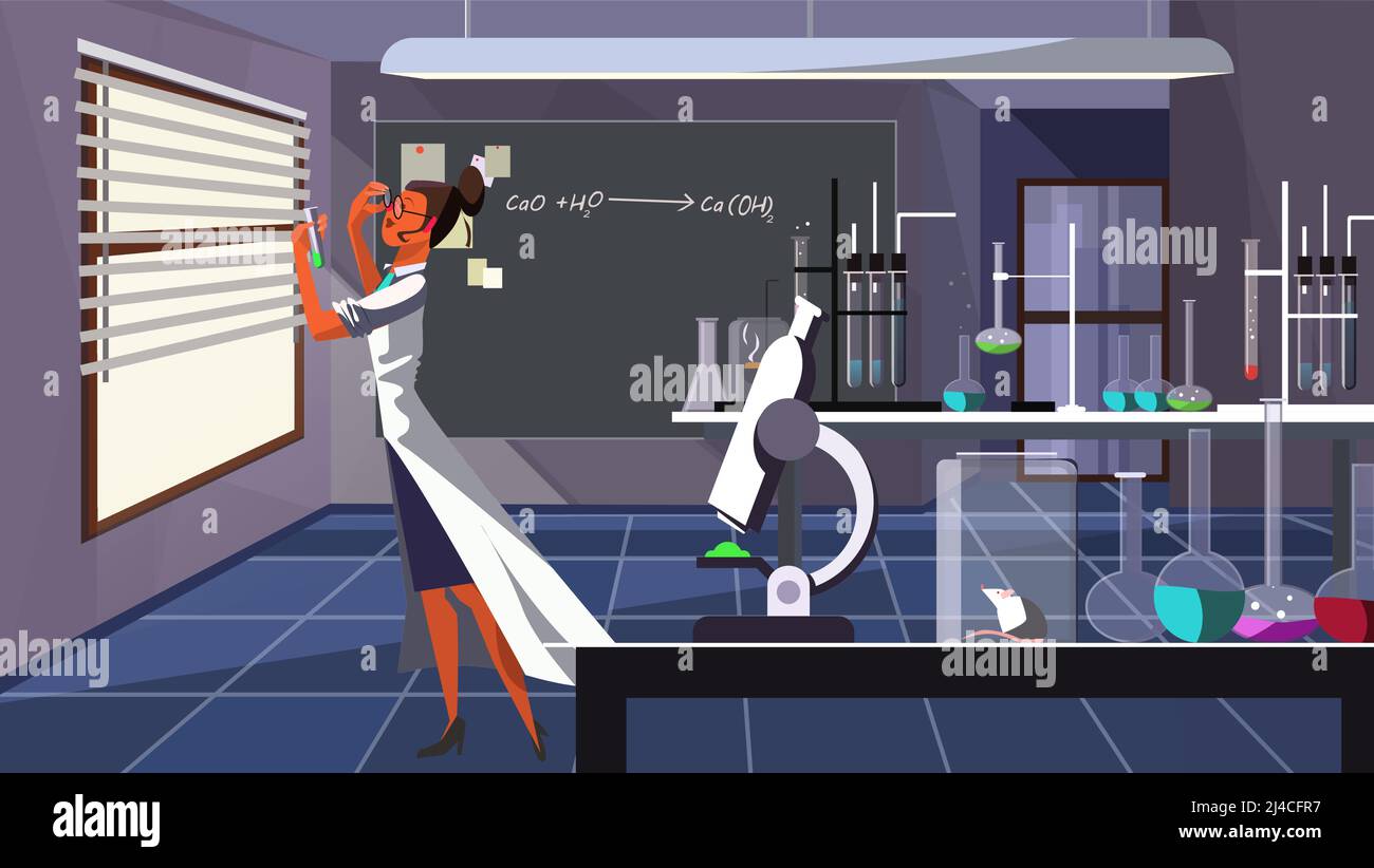 Female chemist checking liquid in test tube vector illustration. Busy ...