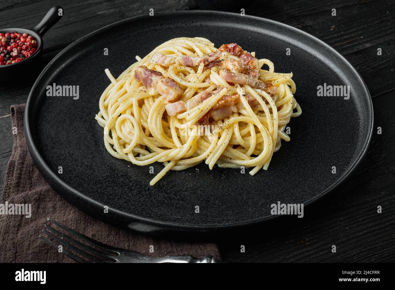 Carbonara pasta dish. Traditional Roman cuisine. Italian food set, on ...