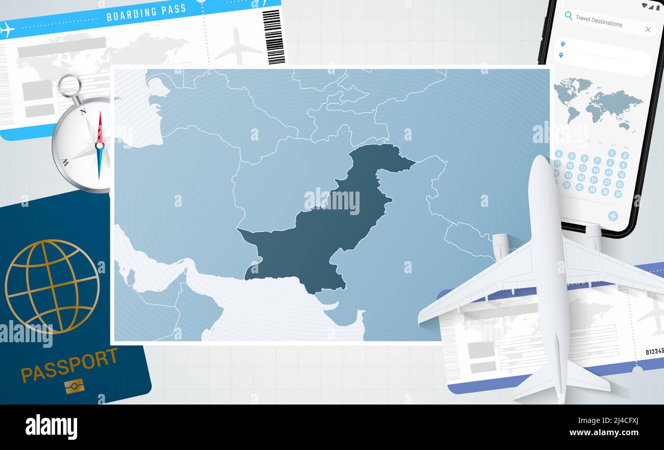 Journey to Pakistan, illustration with a map of Pakistan. Background ...