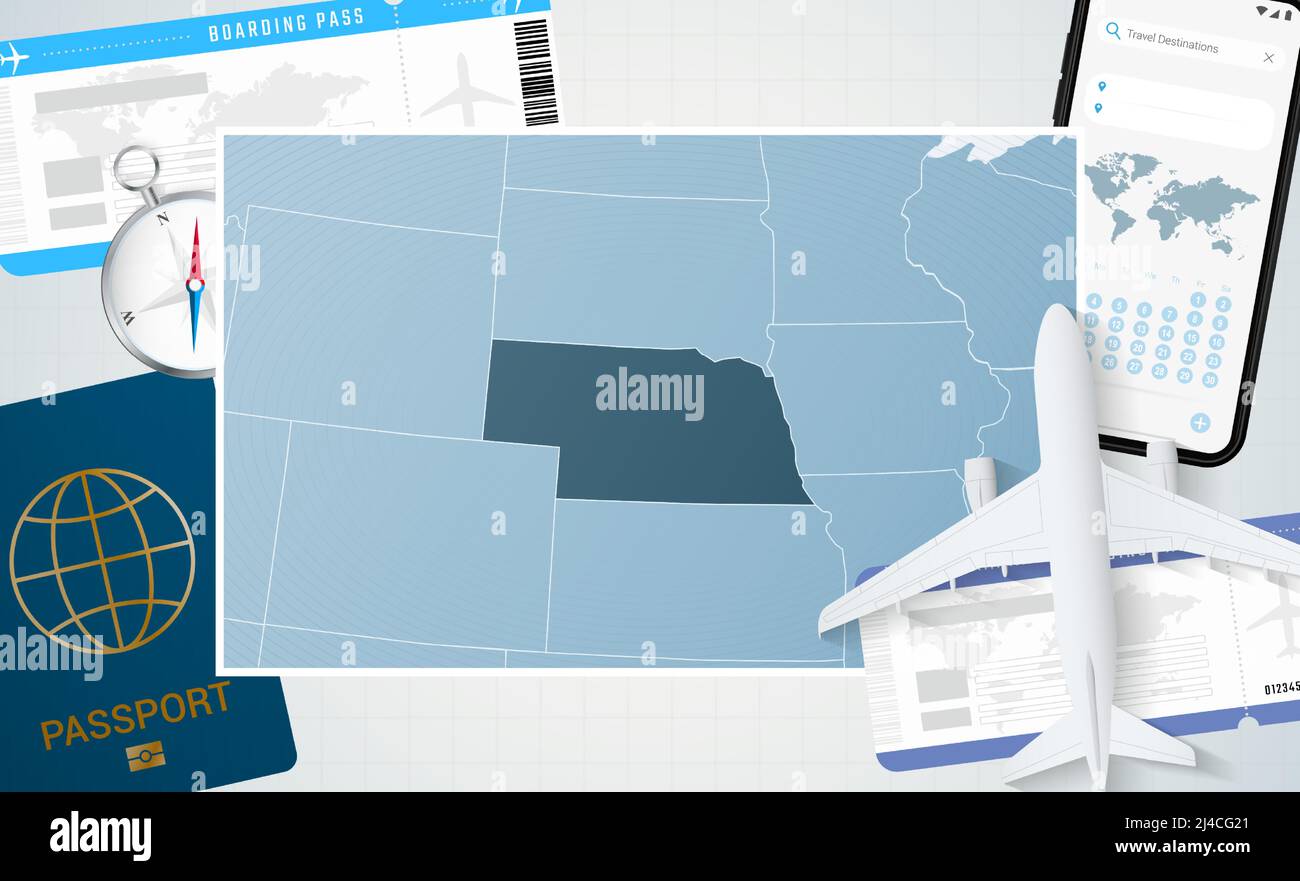 Journey to Nebraska, illustration with a map of Nebraska. Background ...