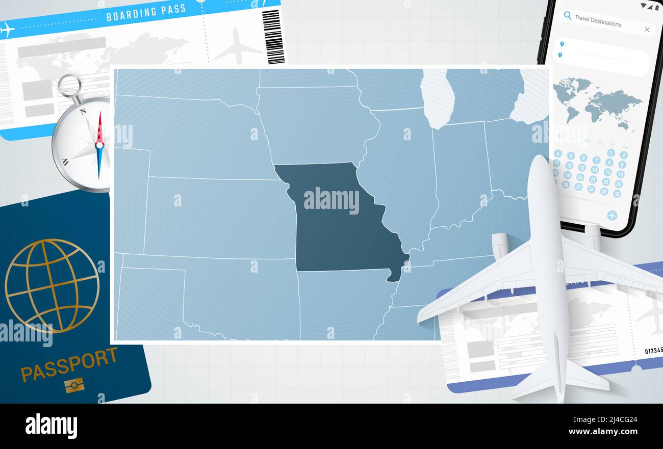 Journey to Missouri, illustration with a map of Missouri. Background ...