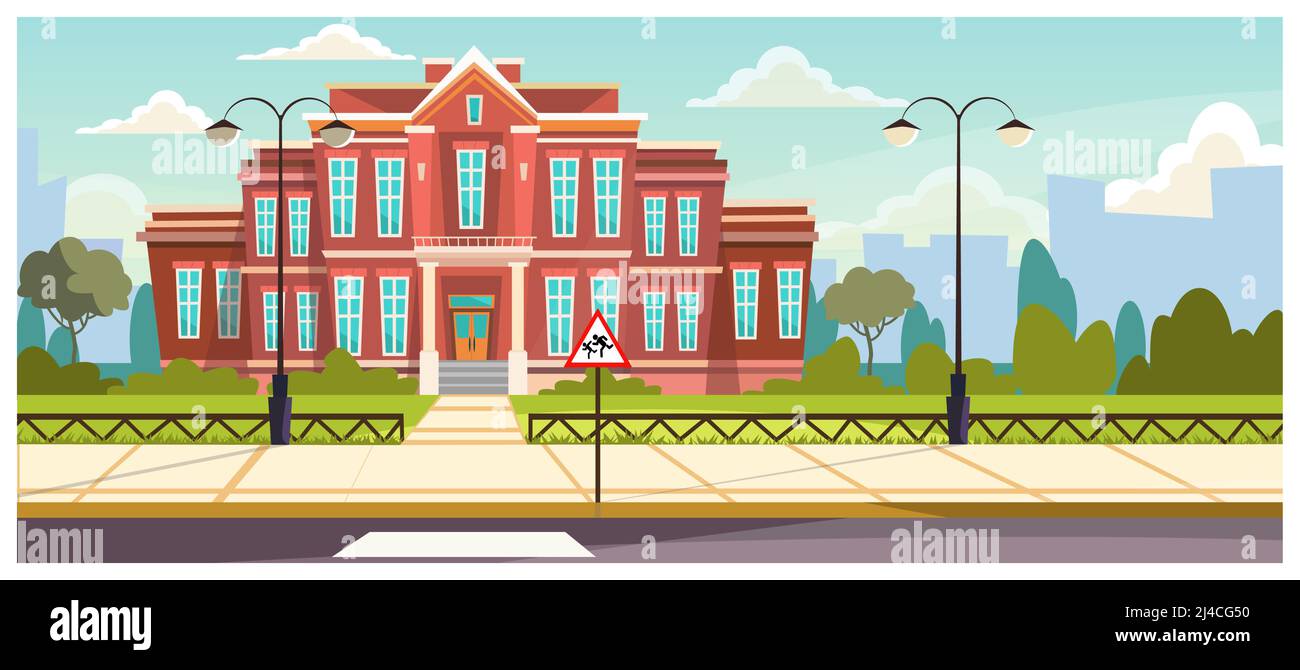 School building with small fence around. Brick building near road and ...