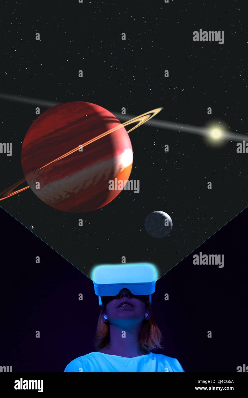 Woman uses a virtual reality headset to see the far corners of space ...