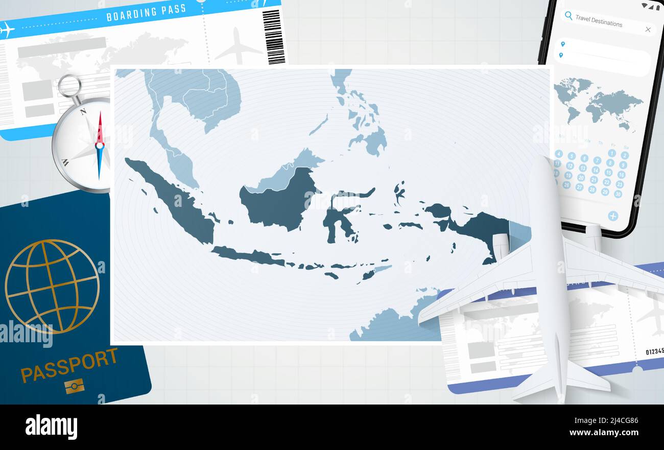 Journey to Indonesia, illustration with a map of Indonesia. Background ...
