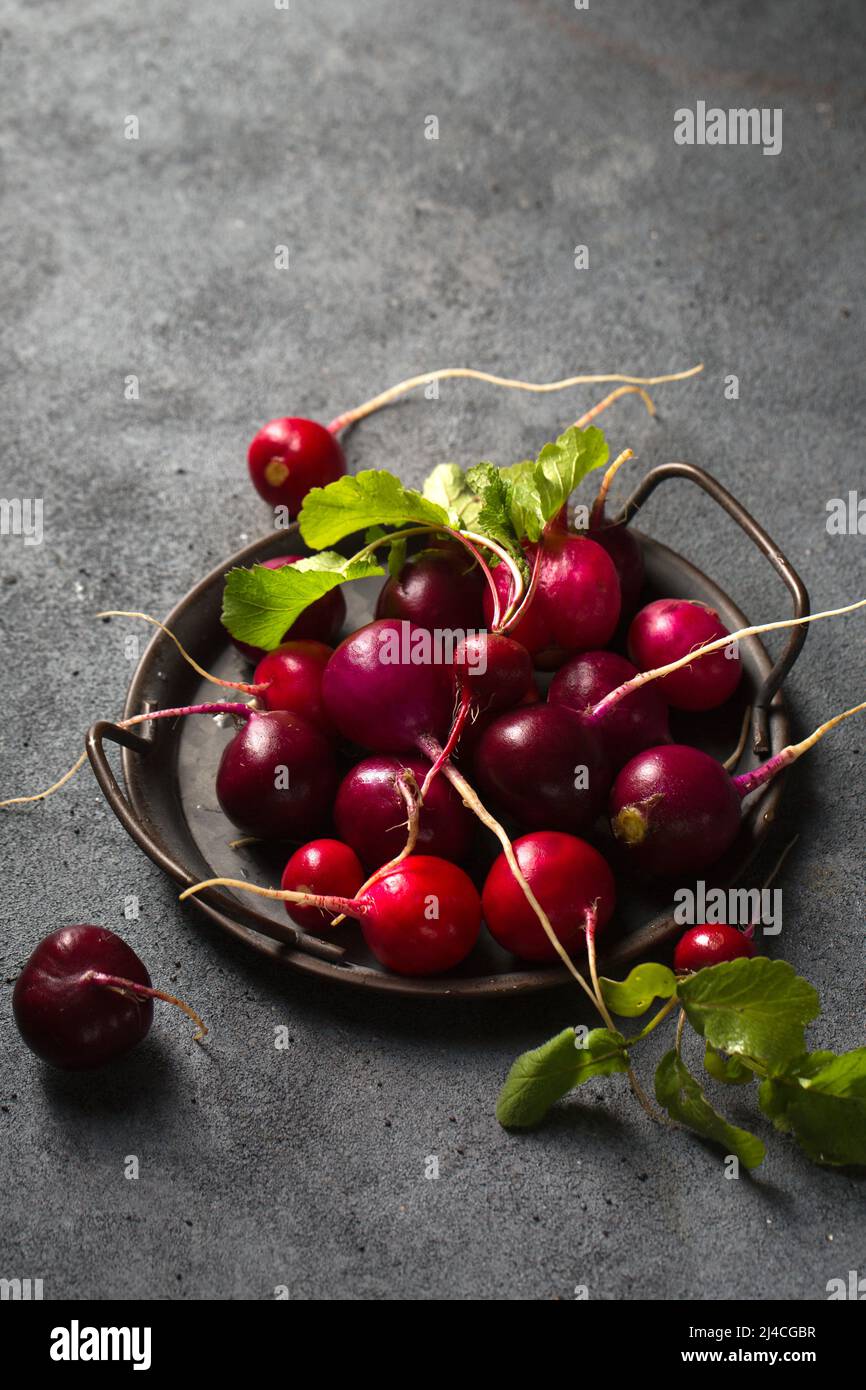 Round multi-colored radish on an old tray on a dark background Stock ...