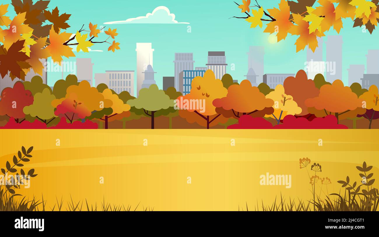 Suburban area with meadow, autumn trees and city buildings in ...