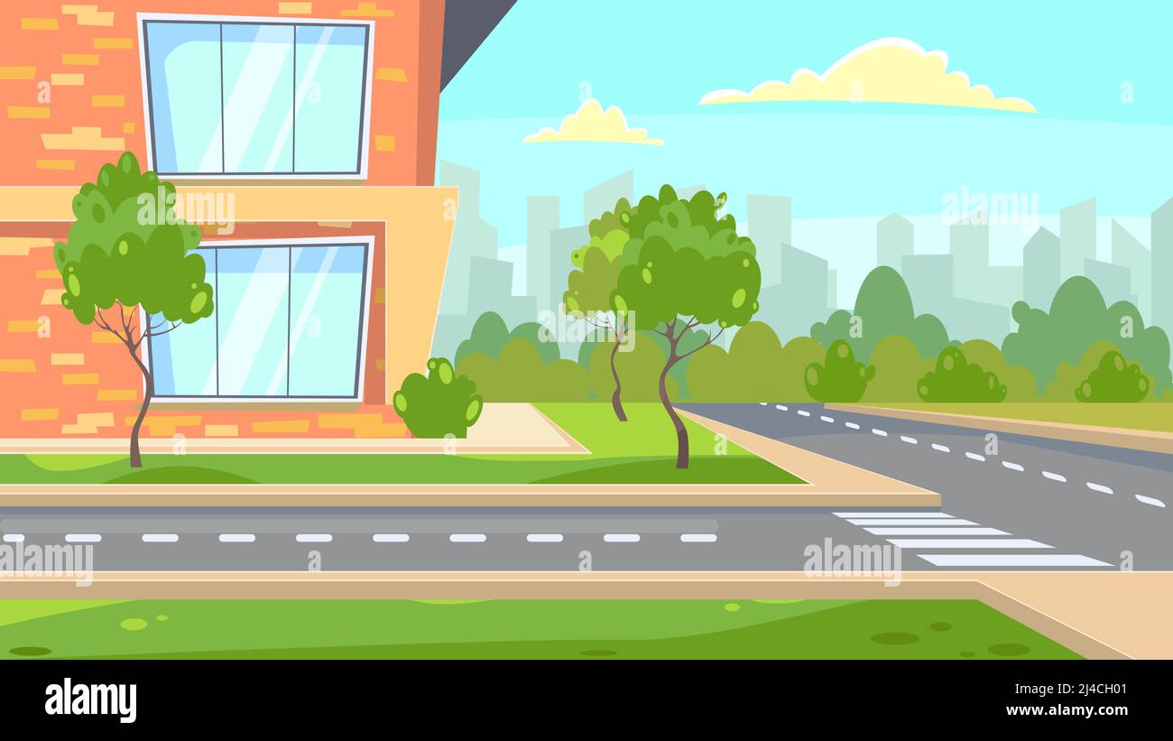 School building near road vector illustration. Green trees around brick ...