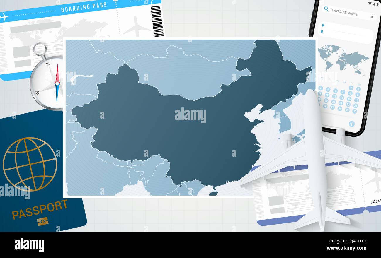 Journey to China, illustration with a map of China. Background with ...