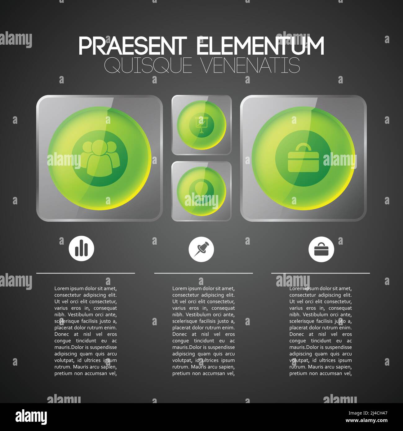 Web infographic business template with green circles in gray glass ...