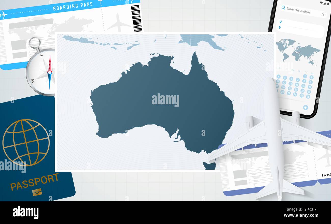 Journey to Australia, illustration with a map of Australia. Background ...