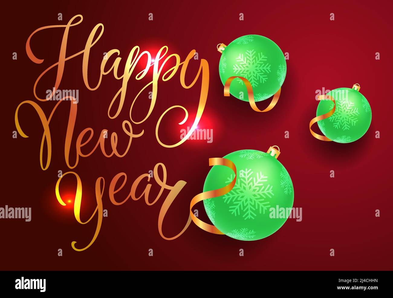 Happy New Year postcard design. Green baubles on shining maroon ...