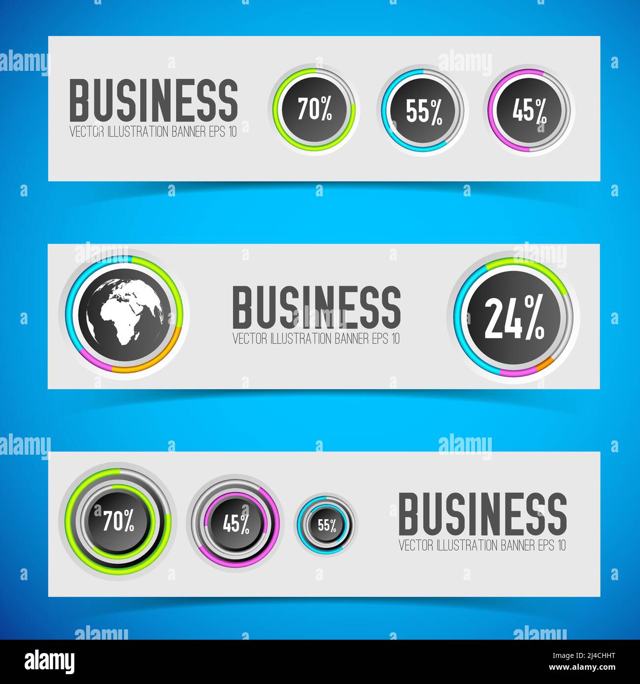 Web light horizontal banners with round buttons colorful rings globe ...
